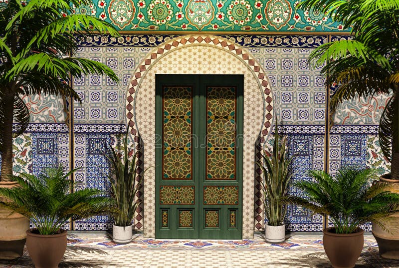 Arabic Home Facade with Front Door, Yard and Palm Trees Stock ...