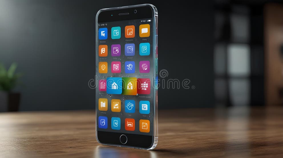 A 3D Rendering of a Transparent Smartphone with Floating App Icons ...
