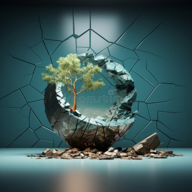 3d Rendering of a Tree Growing Out of a Cracked Wall Stock Illustration ...