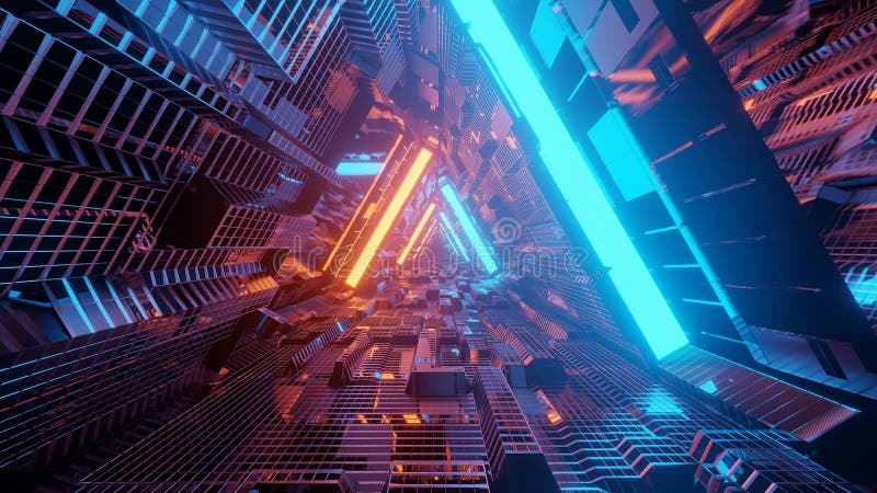 3D Rendering of a Trippy Triangular Hallway in Blue and Orange Colors ...