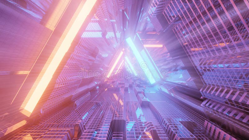 3D Rendering of a Trippy Triangular Hallway in Bright Blue and Orange ...