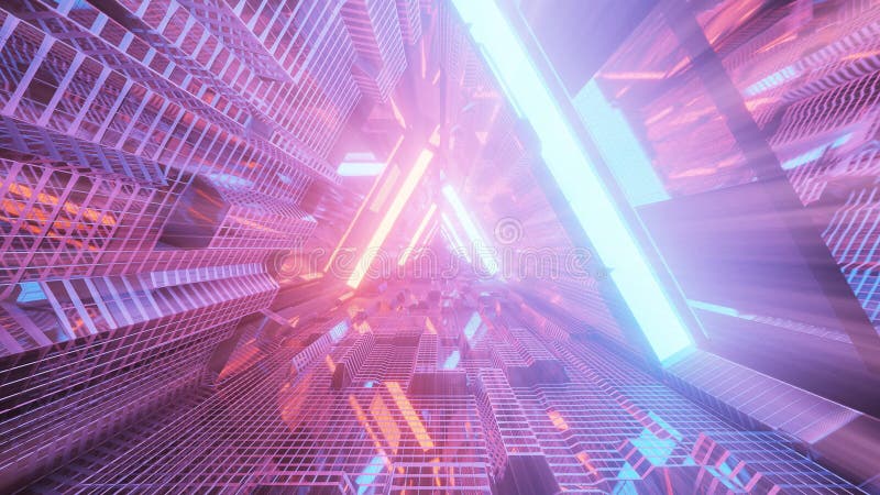 3D Rendering of a Trippy Triangular Hallway in Bright Blue and Orange ...