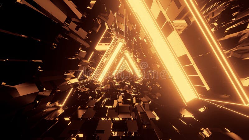3D Rendering of a Trippy Triangular Hallway in Dark Gold Colors Stock ...