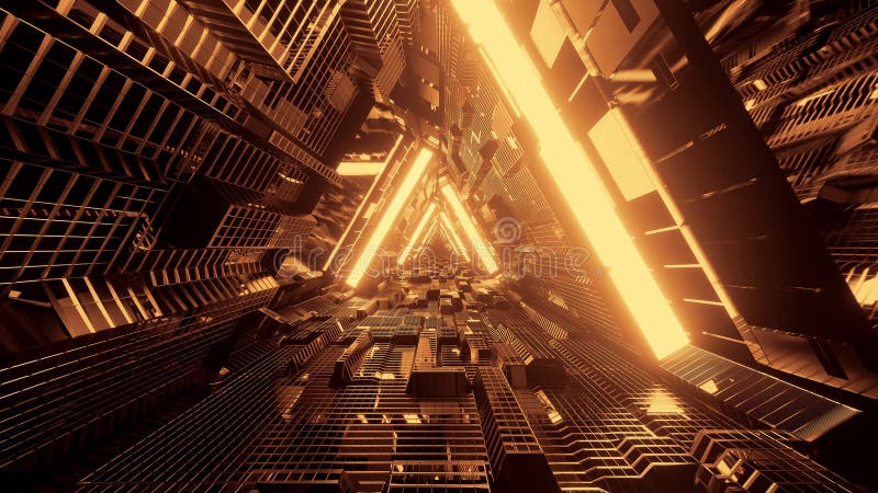 3D Rendering of a Trippy Triangular Hallway in Gold Colors Stock ...