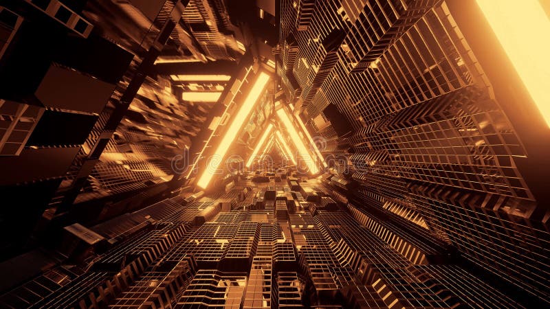 3D Rendering of a Trippy Triangular Hallway in Gold Colors Stock ...