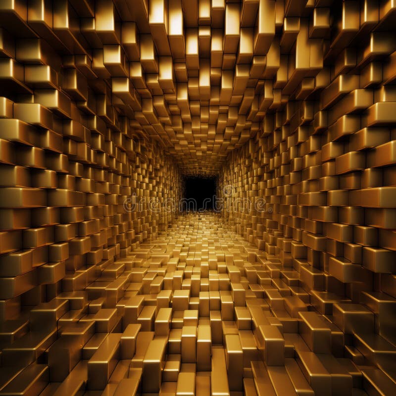 A 3d Rendering of a Tunnel Made of Gold Cubes Stock Illustration ...