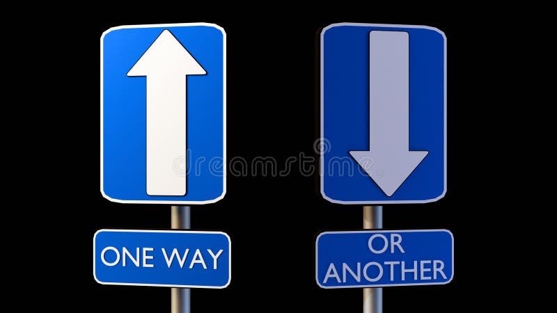 Two Blue Rectangular Traffic Signs with White Arrow and Words "ONE WAY ...