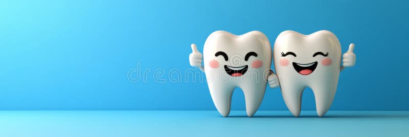 3D Rendering of Two Cute, Happy Teeth Giving a Thumbs Up on a Blue ...
