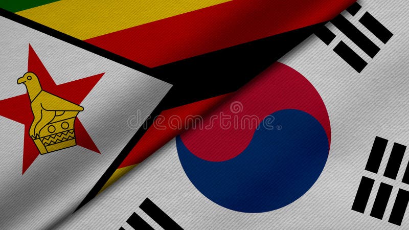 3D Rendering of Two Flags of Republic of Zimbabwe and Republic of Korea ...