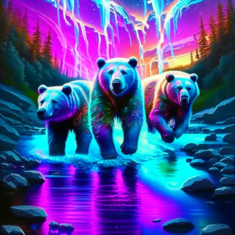 3d Rendering of Two Polar Bears in the Night Forest with Neon Lights ...