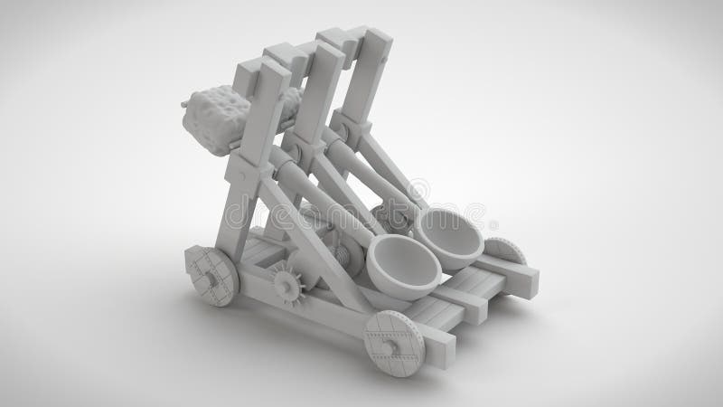3D Rendering of a Two-shot Catapult Model, White on a White Background ...