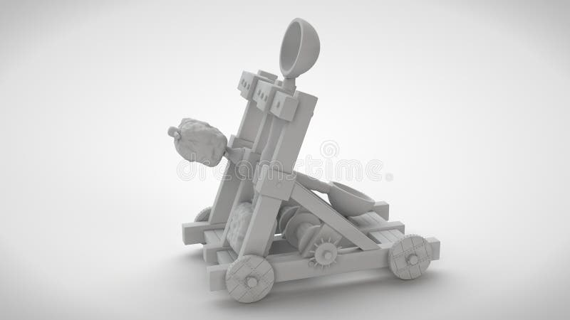 3D Rendering of a Two-shot Catapult Model, White on a White Background ...