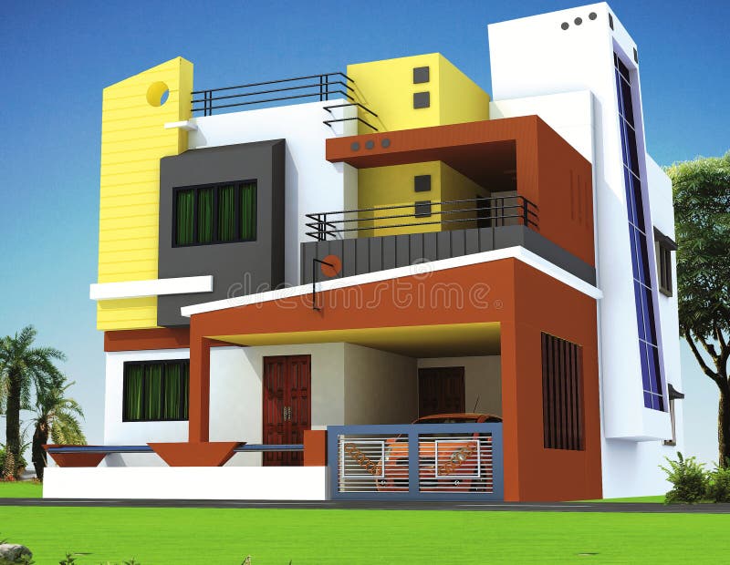 3D Rendering of a Two Storage House with the Car in the Garage Stock ...