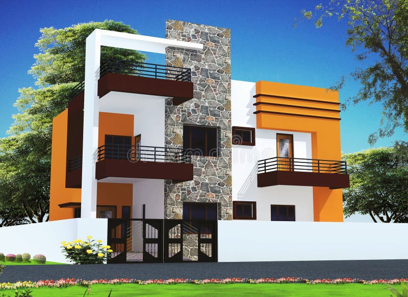 3D Rendering of a Two Storage House Exterior Design with Orange ...