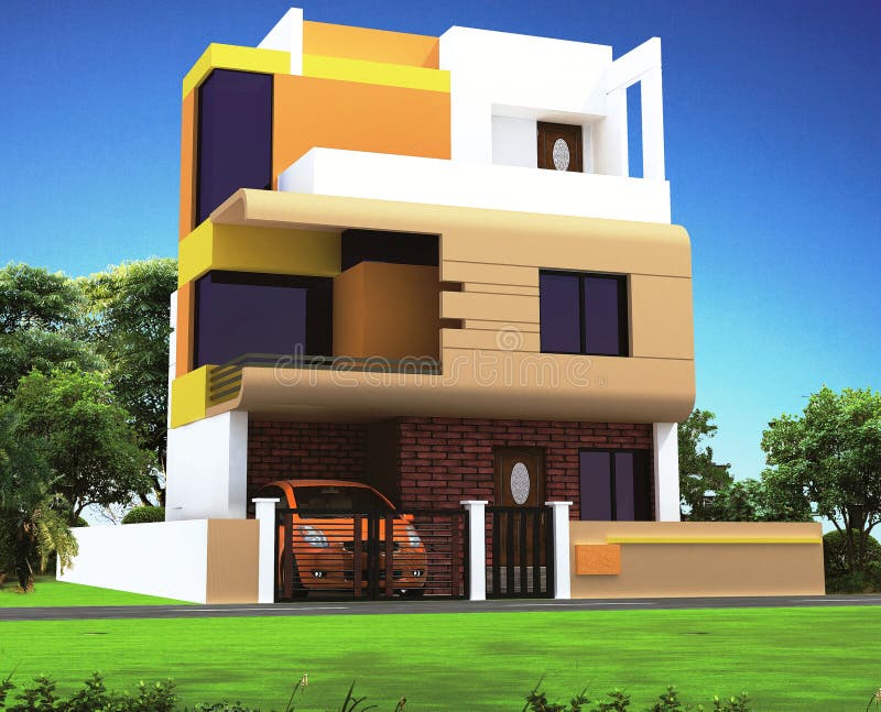 3D Rendering of a Two Storage House Exterior Design with Round ...