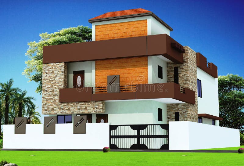 3D Rendering of a Two Storage House with a Modern Stone Design Stock ...