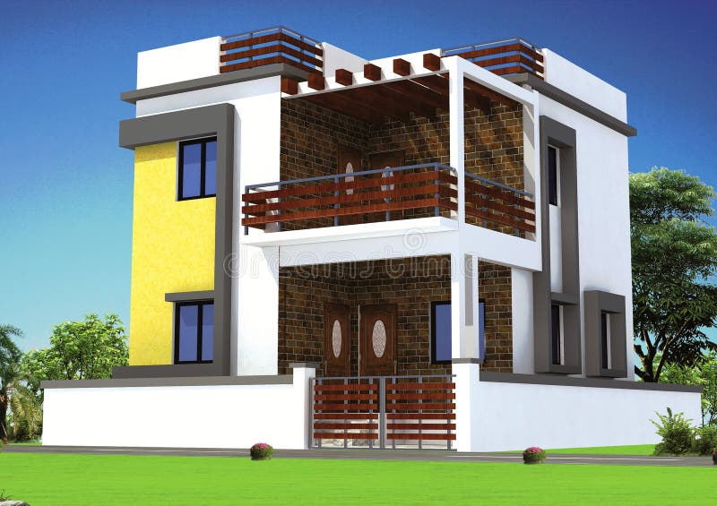 3D Rendering of a Two Storage House with Modern Wooden Bars Stock ...