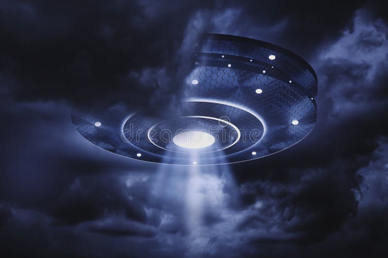 3D Rendering UFO Shooting a Beam of Light in a Storm Stock Illustration ...