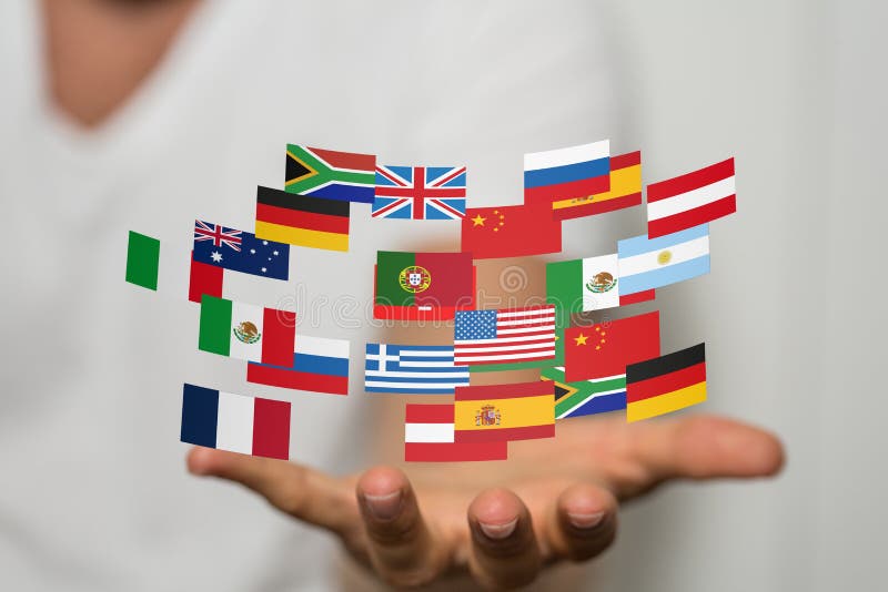 3D Rendering of Various Countries Flags in a Hand Stock Illustration ...