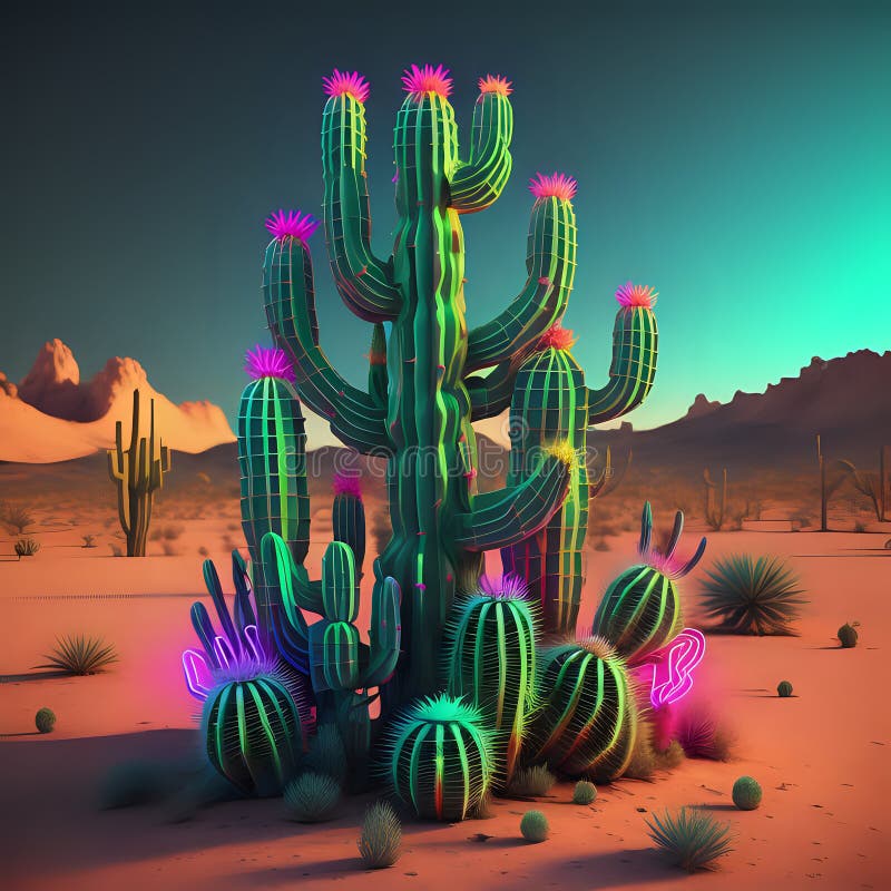 3d Rendering of Vibrant Neon Cactus in Desert - Generated by Ai Stock ...