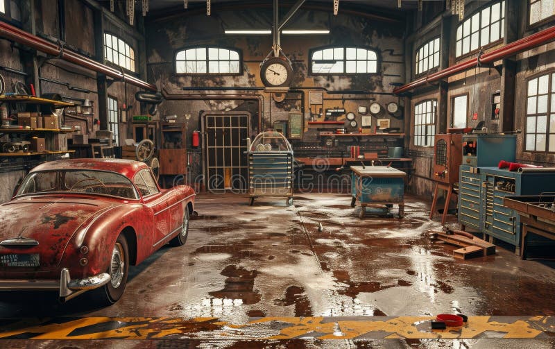 A 3D Rendering of a Vintage Car Workshop with Classic Models Tool Racks ...