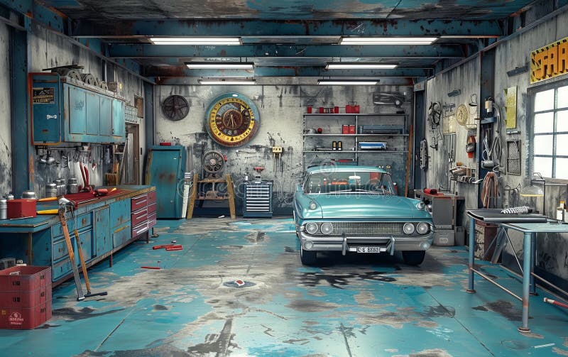 A 3D Rendering of a Vintage Car Workshop with Classic Models Tool Racks ...