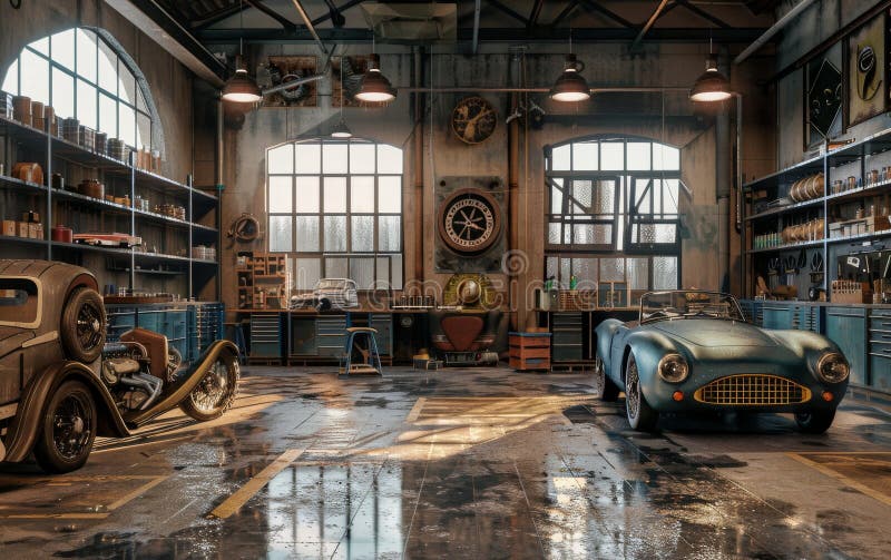 A 3D Rendering of a Vintage Car Workshop with Classic Models Tool Racks ...