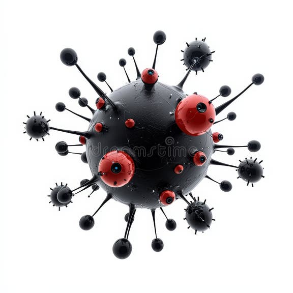 A 3D Rendering of a Virus with a Glossy Black Surface and Red Spherical ...