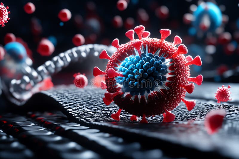 A 3D Rendering of a Virus Particle, with Red Spikes and a Blue Core, on ...