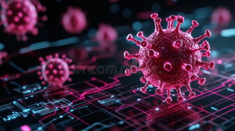 3D Rendering of Virus Particles Floating Above a Futuristic Circuit ...