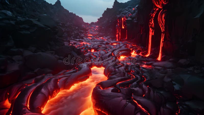 3D Rendering of a Volcanic Landscape with Lava Flow in the Foreground ...
