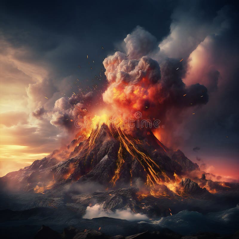 Volcano, Volcanic Eruption and Flying Airplane and Plane on Blue Sky ...