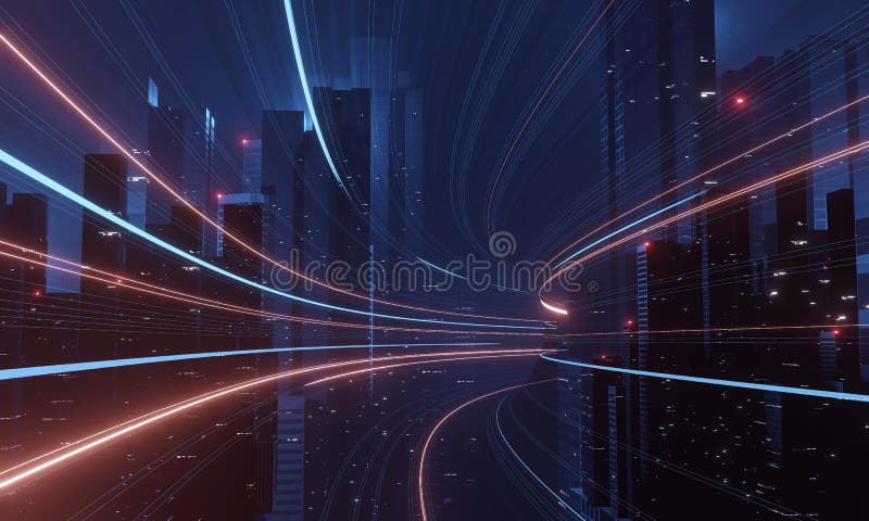 Warp Speed in Hyper Loop with Blur Light from Buildings` Lights in Mega ...