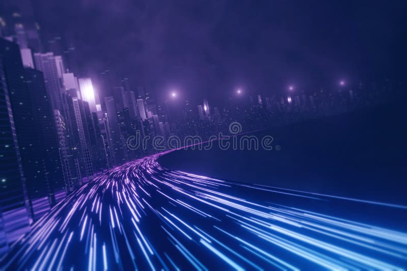 Warp Speed in Hyper Loop with Blur Light from Buildings` Lights in Mega ...