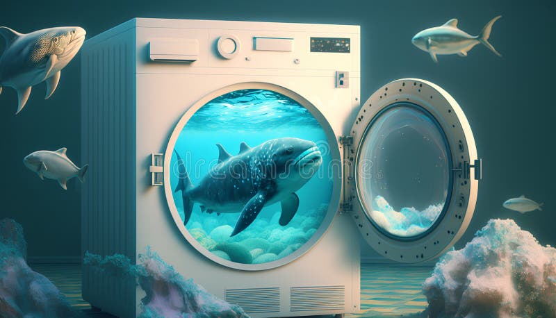 3D Rendering of a Washing Machine in the Underwater World with Sharks ...
