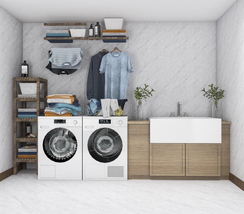 3d Rendering Washing Machine in Vintage Laundry Room Stock Illustration ...