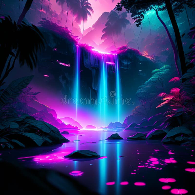 3d Rendering of a Waterfall in the Jungle with Neon Lights. Generative ...