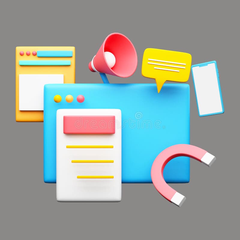 3D Rendering of Web Browser with Magnet, Smartphone, Chat Box ...