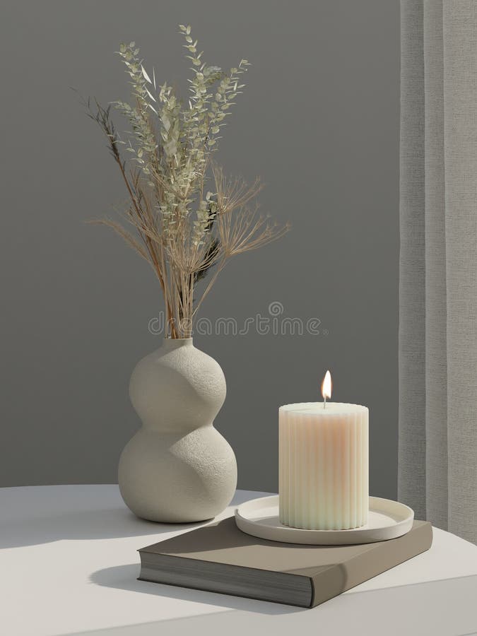 3D Rendering White Candle Placed on Circle Table in Livingroom and Vase ...