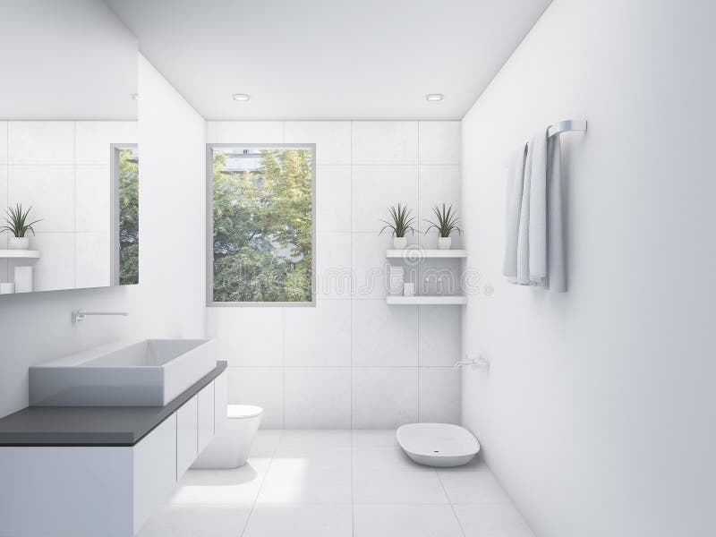 3D Rendering White Clean Restroom with Nature View Stock Illustration ...