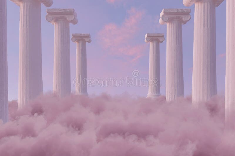White Columns Over Fluffy Pink Clouds Stock Illustration - Illustration ...