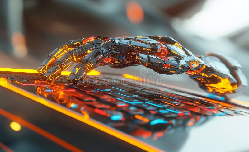 In a 3D Rendering, a White Cyborg Hand is Shown Pressing the Keys of a ...
