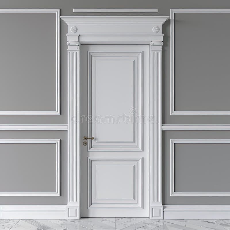 3d Rendering of White Door with Trim on Grey Wall Background. Classic ...