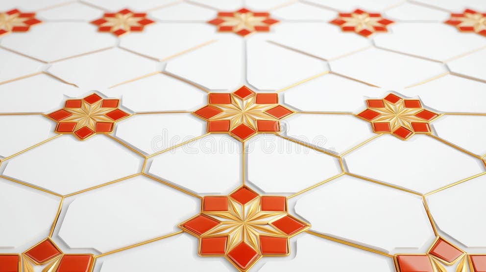 A 3D Rendering of a White Hexagonal Tile with Red Starburst Patterns and Gold Outlines. Stock ...