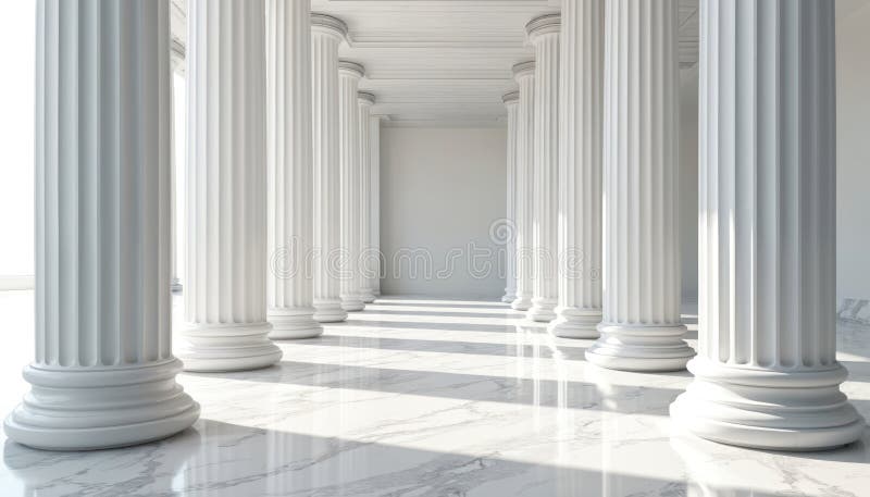 3D Rendering of White Marble Corridor with Classic Pillars. Roman ...