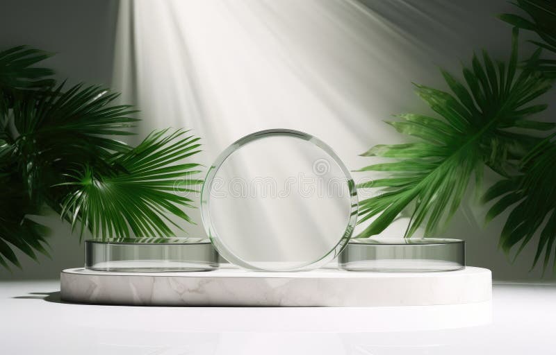 3d Rendering of a White Marble Podium with Glass Cylinders and Palm ...