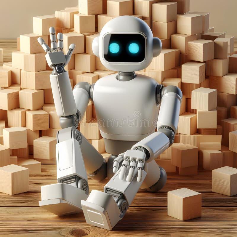 3d Rendering of a White Robot Sitting on a Pile of Wooden Cubes Stock ...