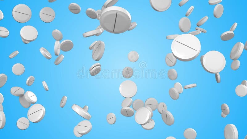 3D Rendering of White Round Pills Falling on a Blue Background ...