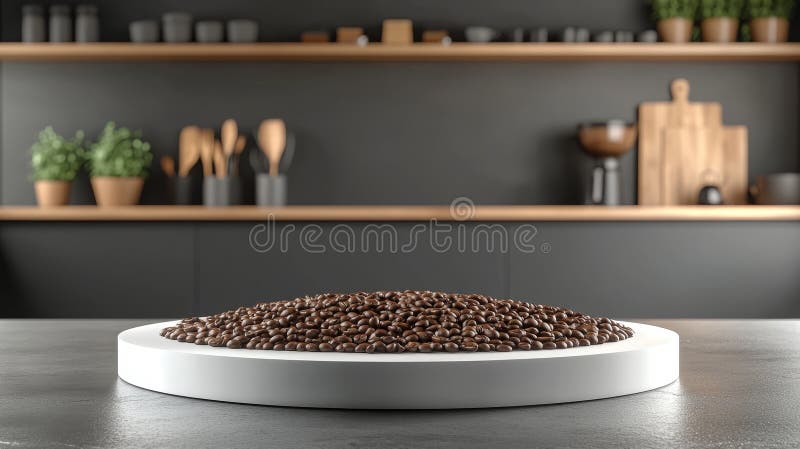 3D Rendering of White Round Podium Covered with Roasted Coffee Beans on ...