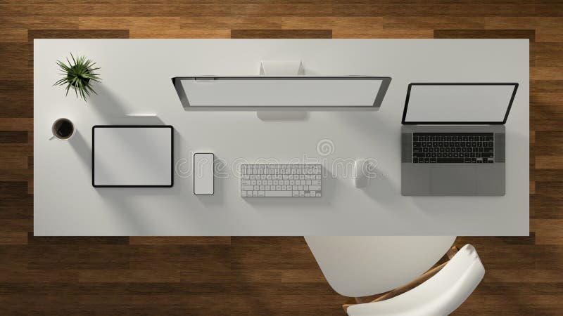 3D Rendering, White Table with Computer, Laptop, Tablet, Smartphone and ...